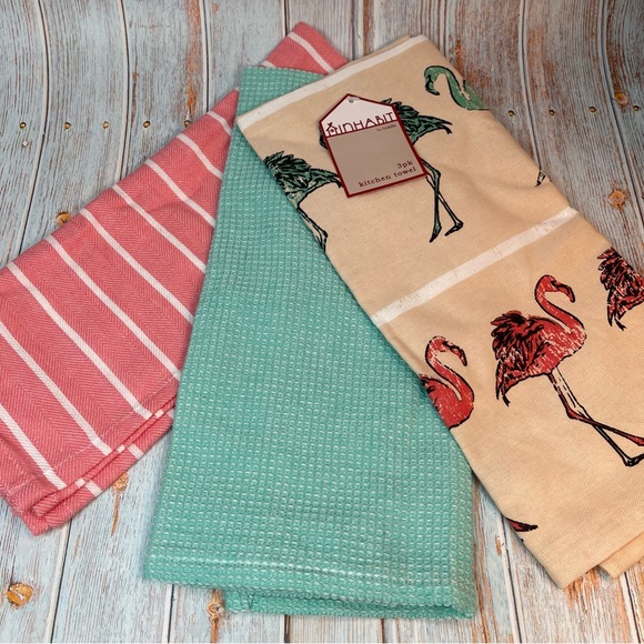 Inhabit | Kitchen | Nwt Flamingo Coral And Turquoise Kitchen Towel Trio ...